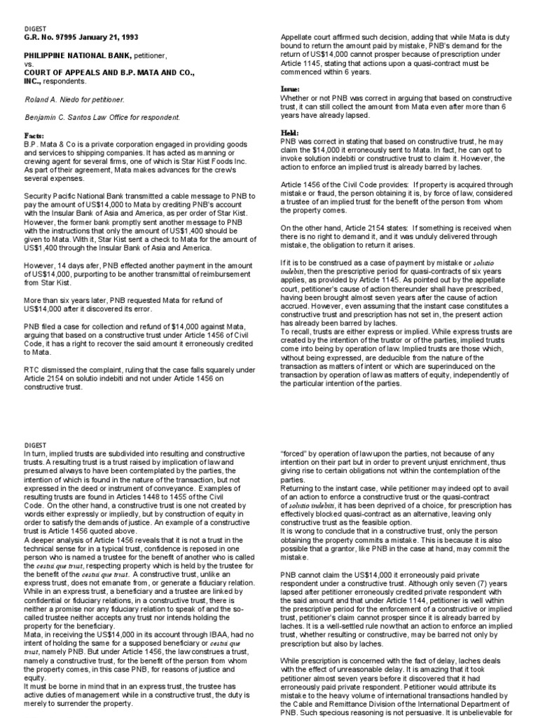 PNB vs. CA, GR No. 97995 (DIGEST) | PDF | Trust Law | Equity (Law)