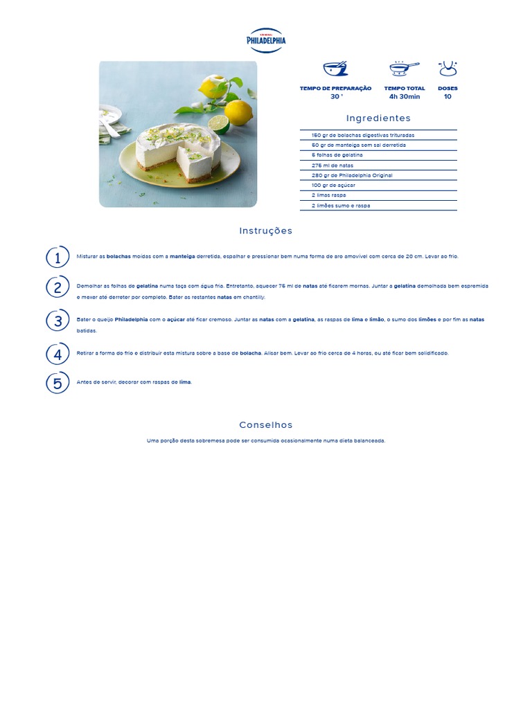 Philadelphia - Receitas - Cheesecake de Limão e Lima | PDF | Comidas e ...