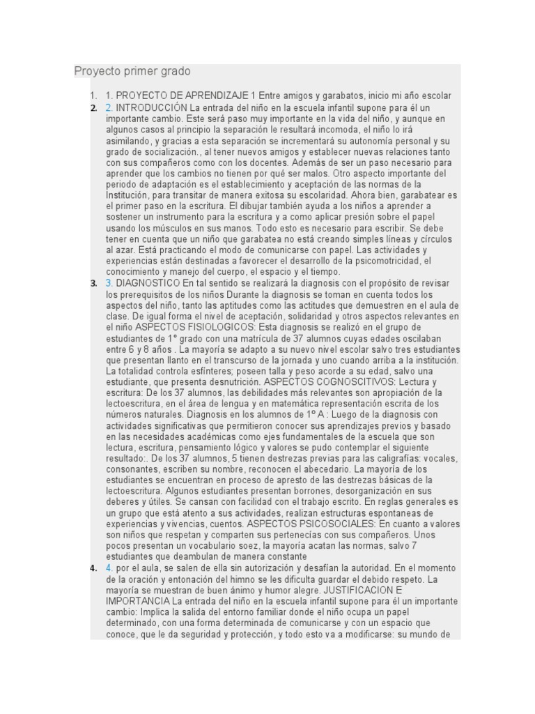 Proyecto de Aprendizaje en 1° Grado | PDF | Evaluación | Aprendizaje