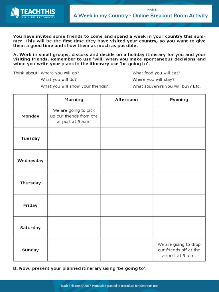 A Week in My Country Online Breakout Room Activity | PDF