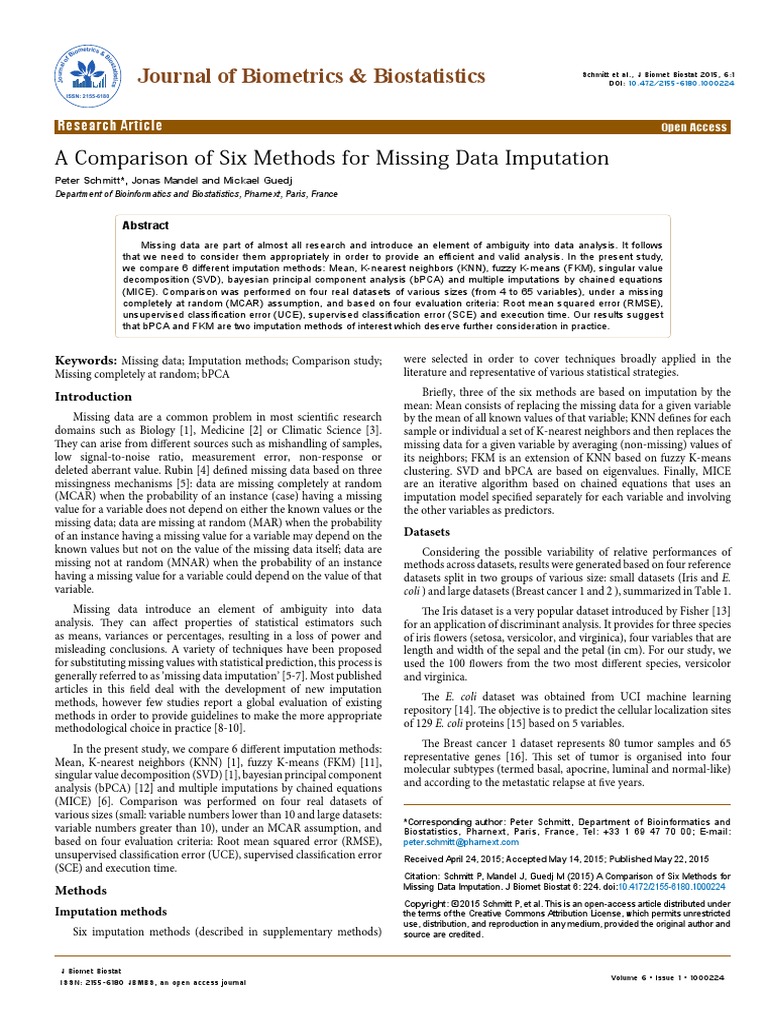 A Comparison of Six Methods For Missing Data Imputation 2155 6180 ... A Comparison of Six Methods For Missing Data Imputation 2155 6180 ...