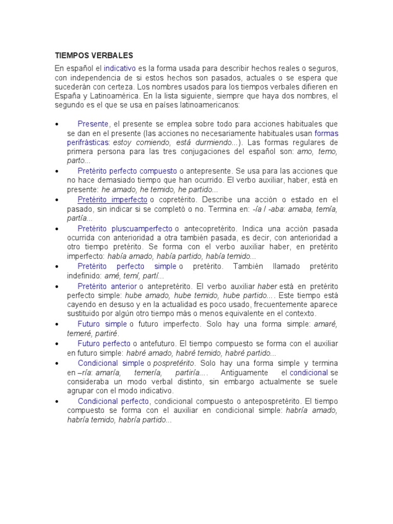 Características de los Tiempos Verbales | PDF | Conjugación gramatical ...