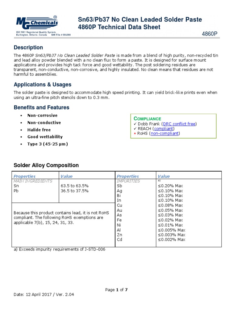 MG Chemicals Sn63Pb37 No Clean Leaded Solder Paste 4860P Technical Data ...