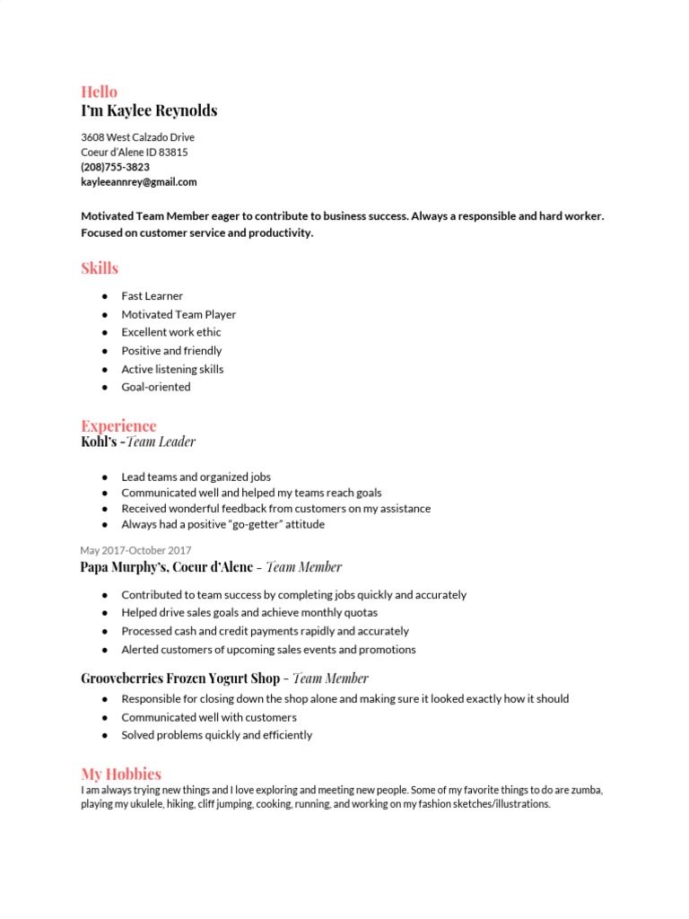 Kaylee Reynolds: Team Leader Resume | PDF