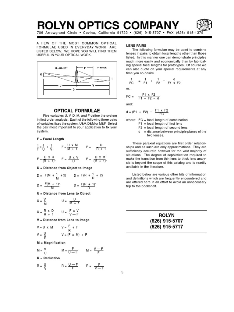 Rolyn Optics - OpticalFormulae | PDF | Lens (Optics) | Optics