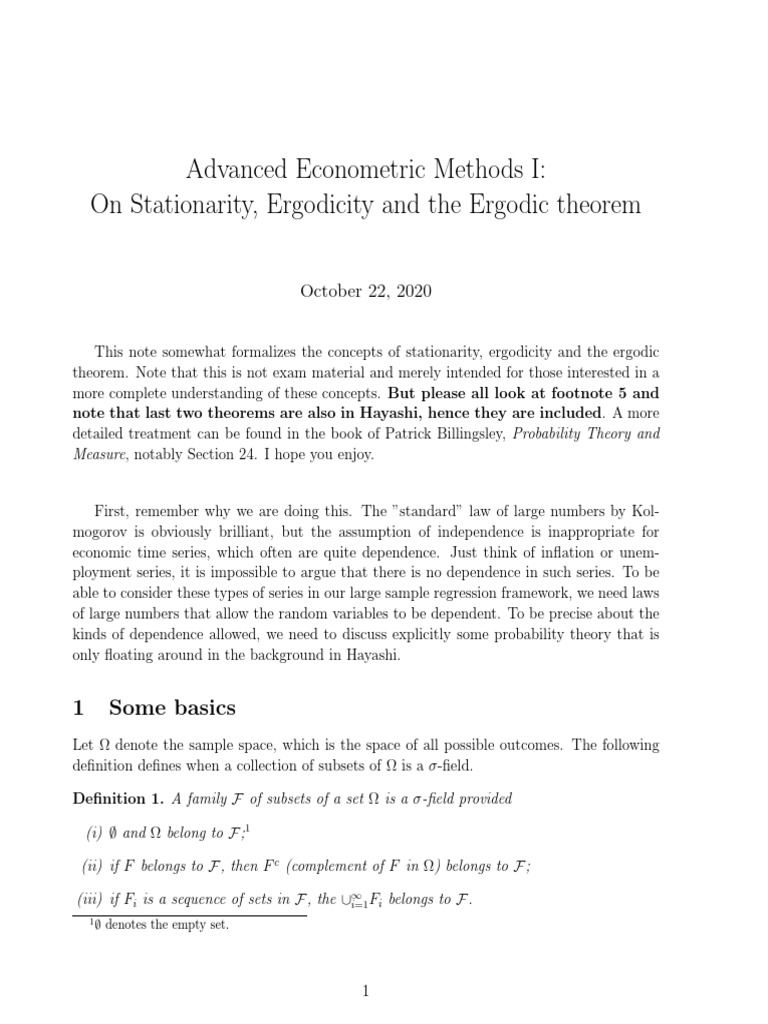 Advanced Econometric Methods I: On Stationarity, Ergodicity and The Ergodic Theorem | PDF | Set ...