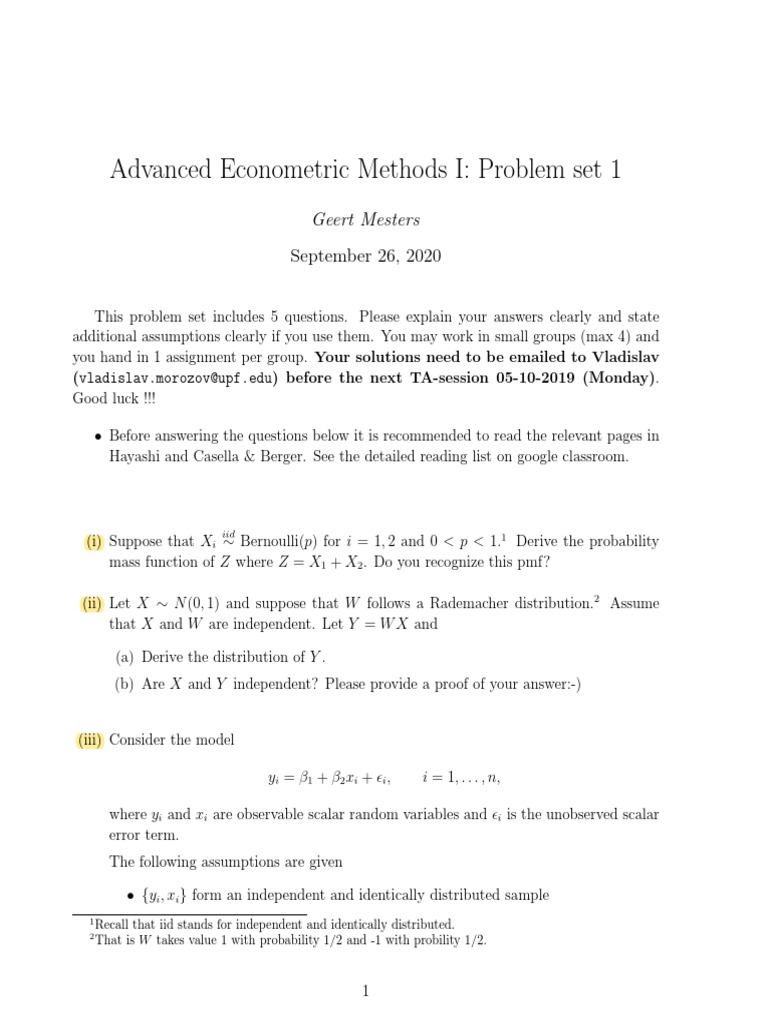 Advanced Econometric Methods I: Problem Set 1: Geert Mesters September ...