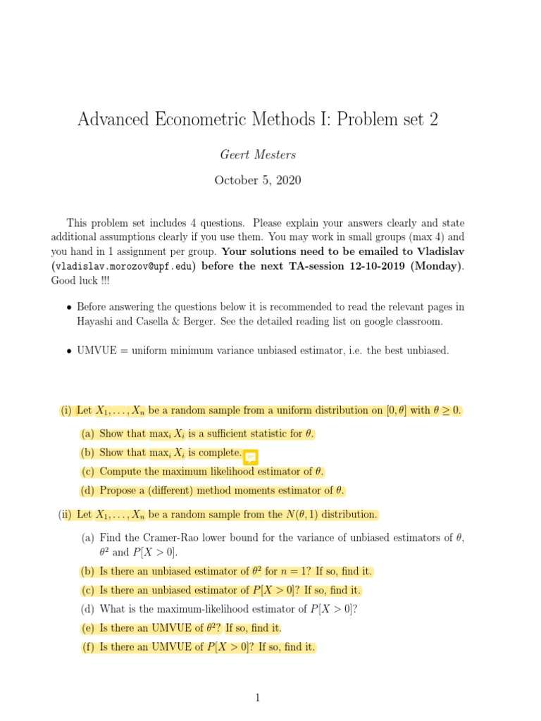 Advanced Econometric Methods I: Problem Set 2: Geert Mesters October 5, 2020 | PDF