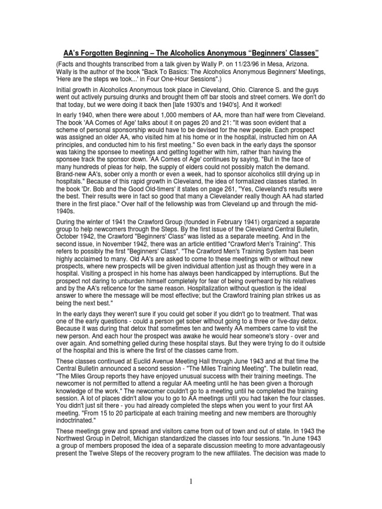 AA's Forgotten Beginning - The Alcoholics Anonymous "Beginners' Classes ...