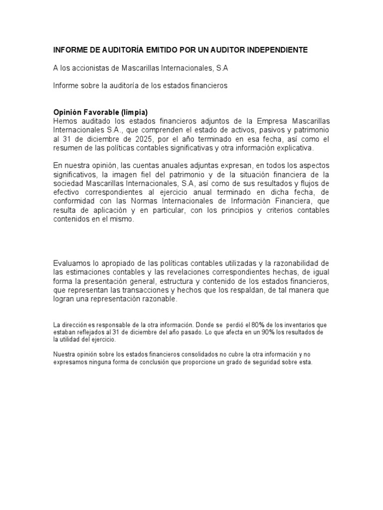 Informe de Auditoría Emitido Por Un Auditor Independiente | PDF | Auditoría financiera | Contralor