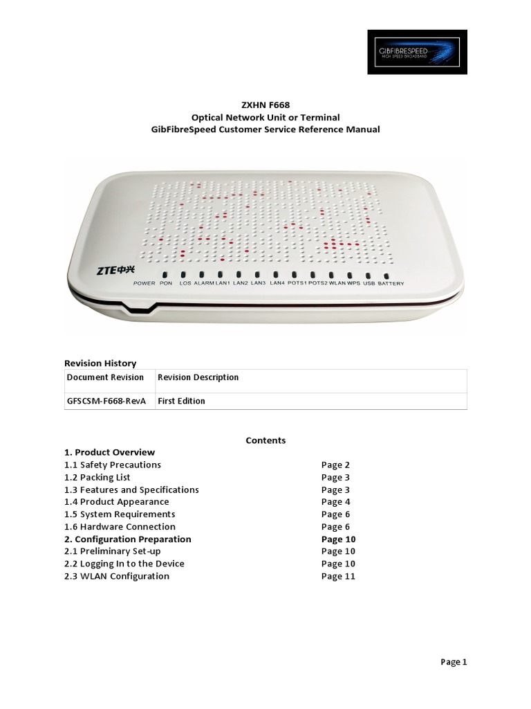 ZXHN F668 Optical Network Unit or Terminal Gibfibrespeed Customer ...