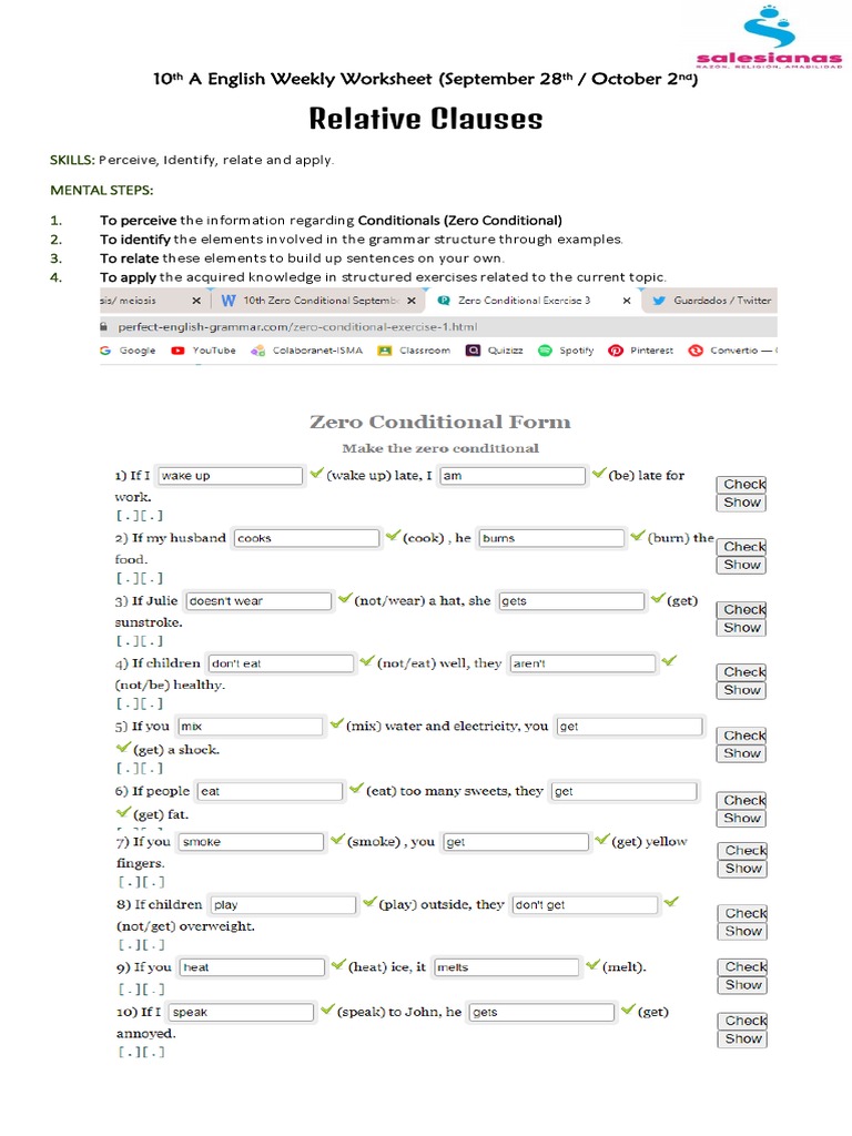 10th A - Worksheet - Zero Conditional - Jimena Castro PDF | PDF | Language Arts & Discipline