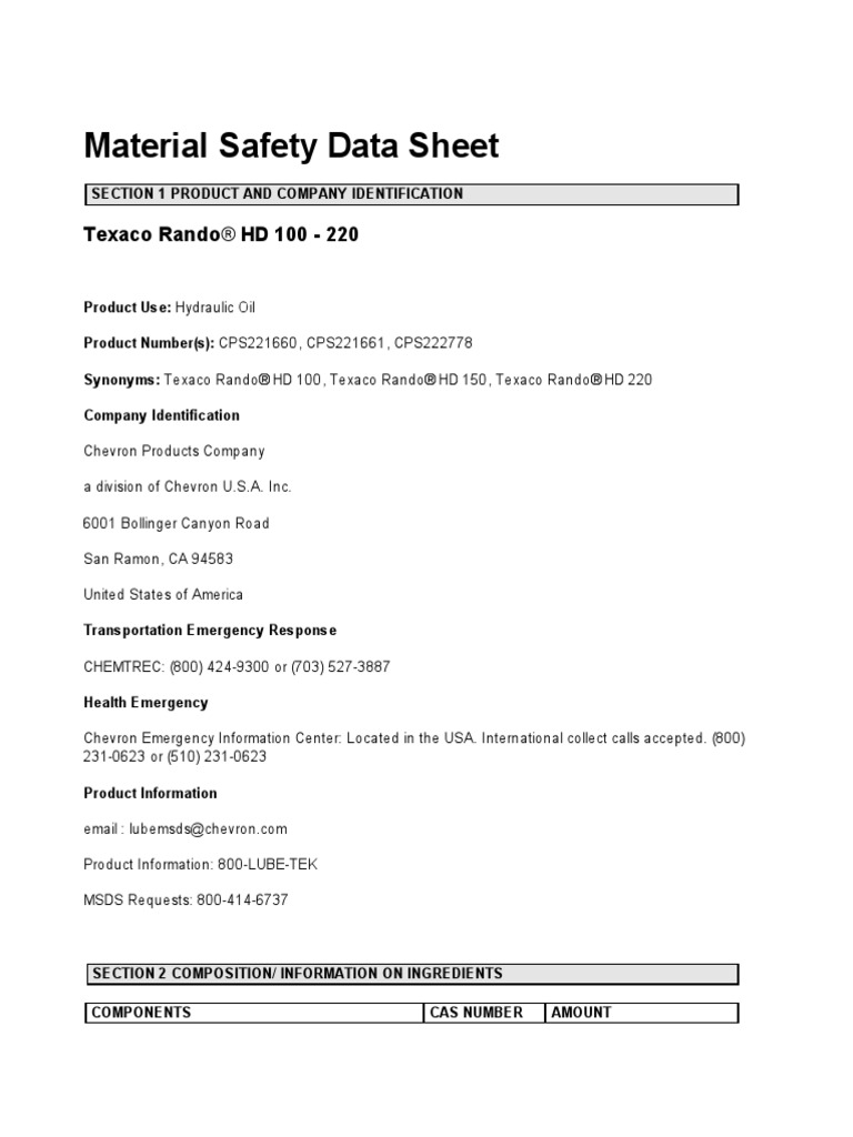 Material Safety Data Sheet: Texaco Rando® HD 100 - 220 | PDF | Personal ...