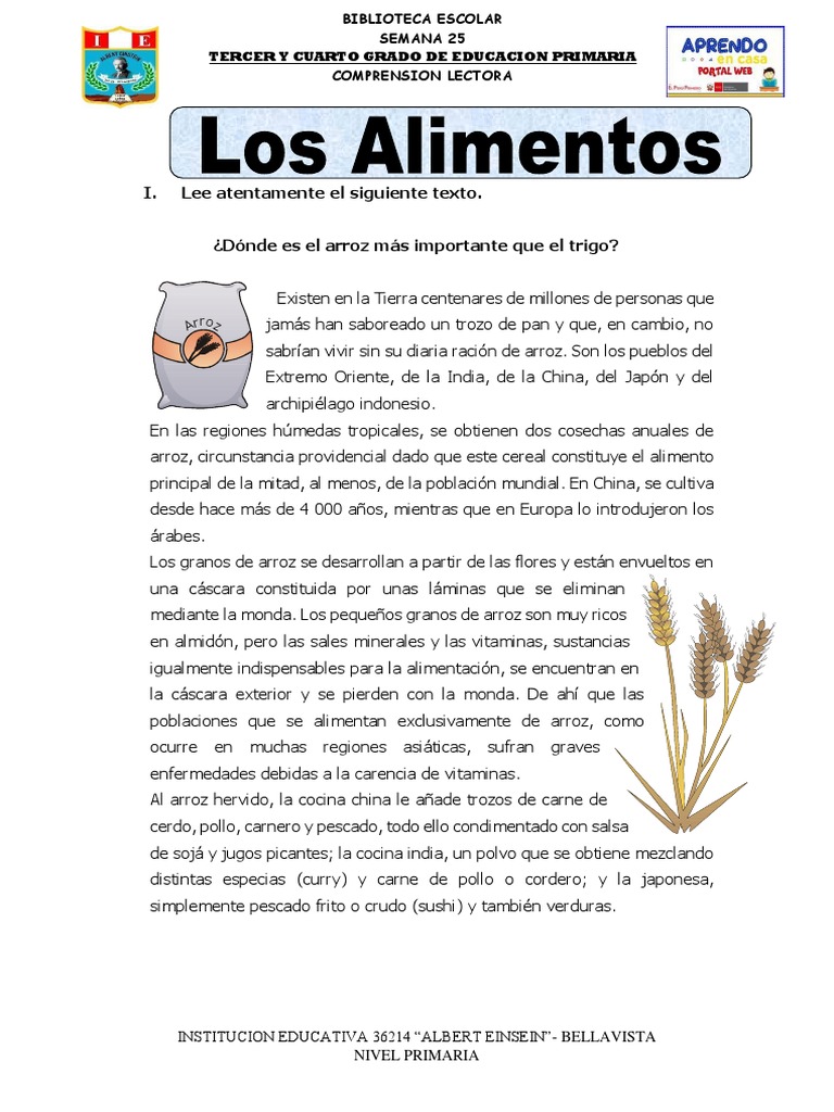 Comprension Lectora Tercer y Cuarto Grado Semana 25 PDF | PDF | Arroz ...