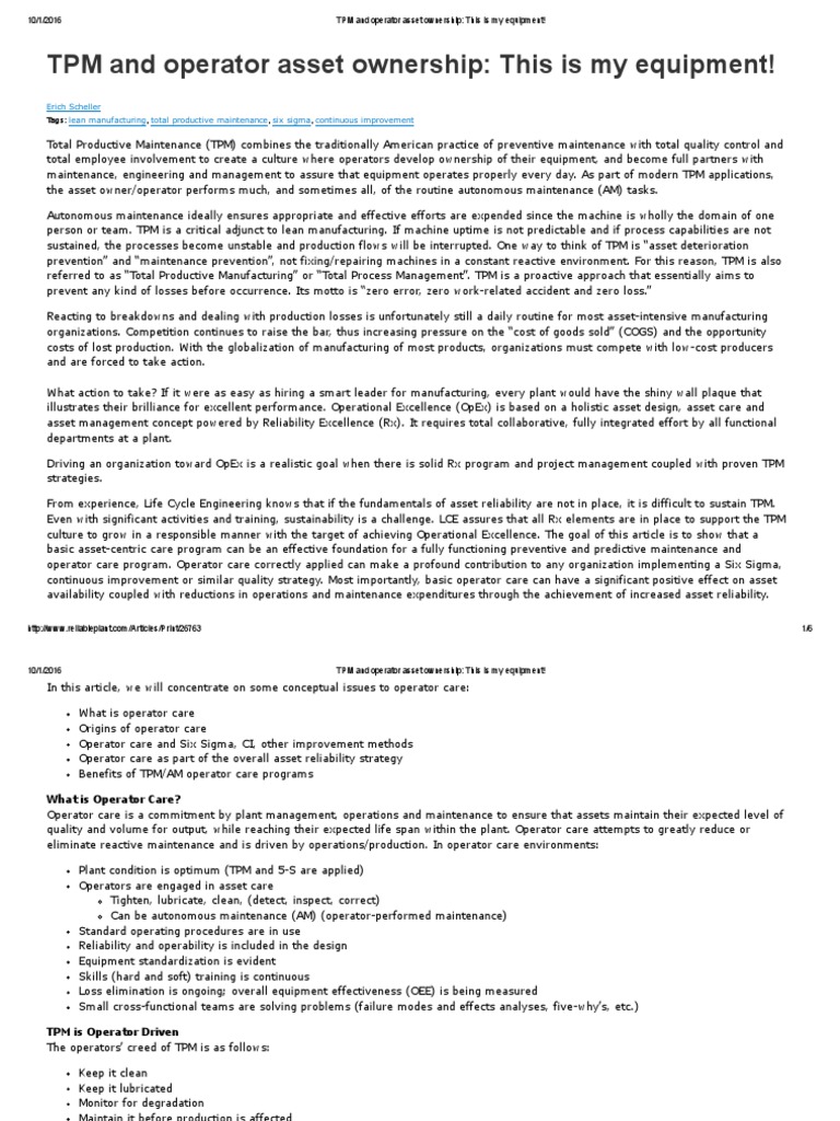 TPM and Operator Asset Ownership Guide | PDF | Reliability Engineering ...