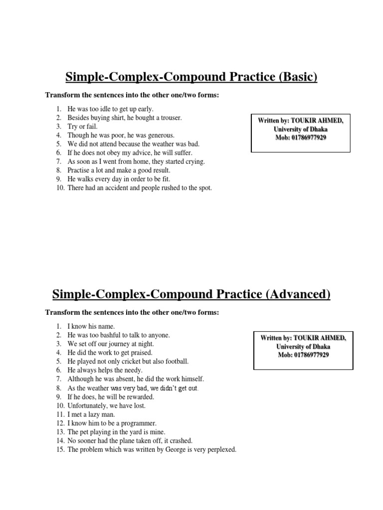 Simple-Complex-Compound Practice (Basic) : Transform The Sentences Into ...