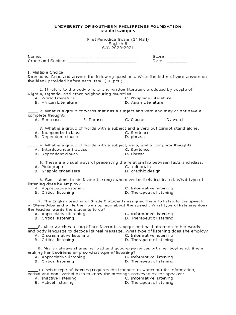 English 8 First Periodical Exam Guide | PDF | Clause | Sentence ...