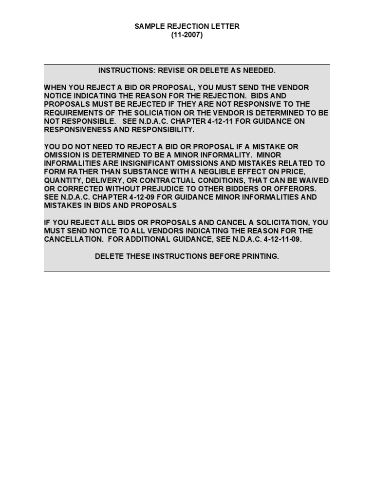 Sample Bid-Proposal Rejection Letter Nov 2007 | PDF | Business