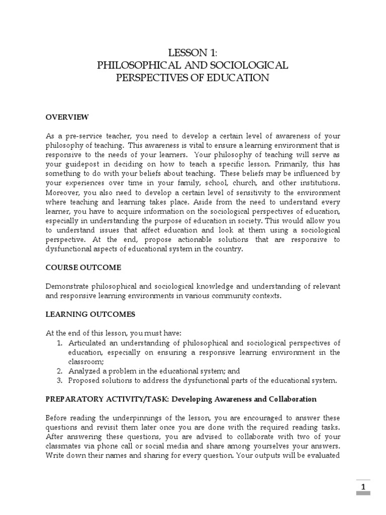 Lesson 1: Philosophical and Sociological Perspectives of Education ...