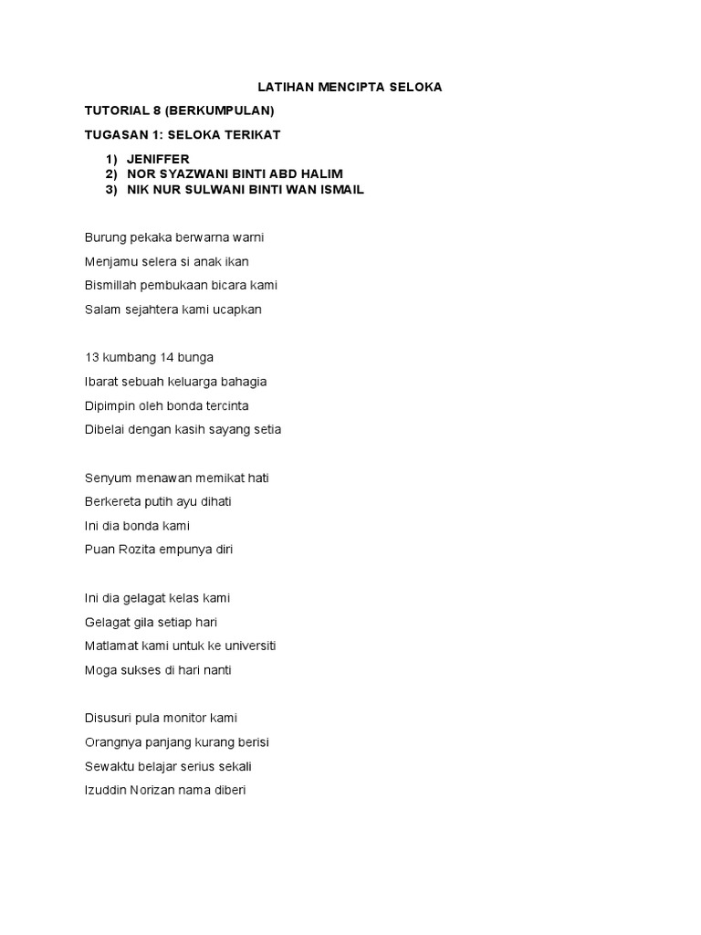 Latihan Mencipta Seloka Tuto 8 | PDF | Seni & Disiplin Bahasa ...