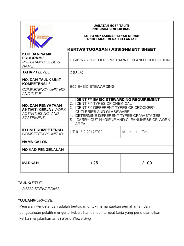 KERTAS TUGASAN K1 Basic Stewarding | PDF