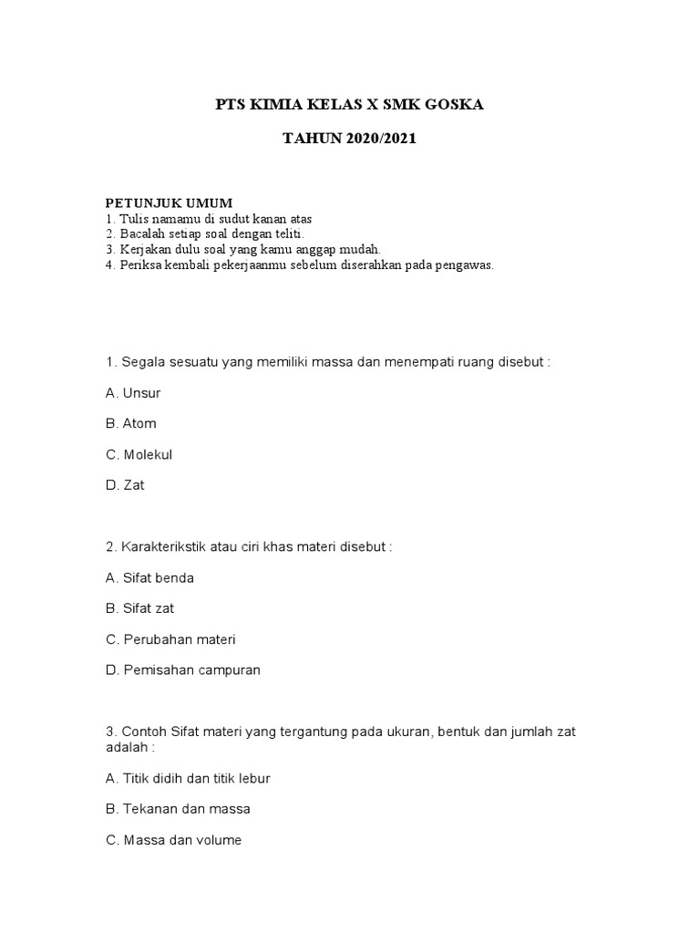 Soal PTS Kimia Kelas X SMK Goska | PDF