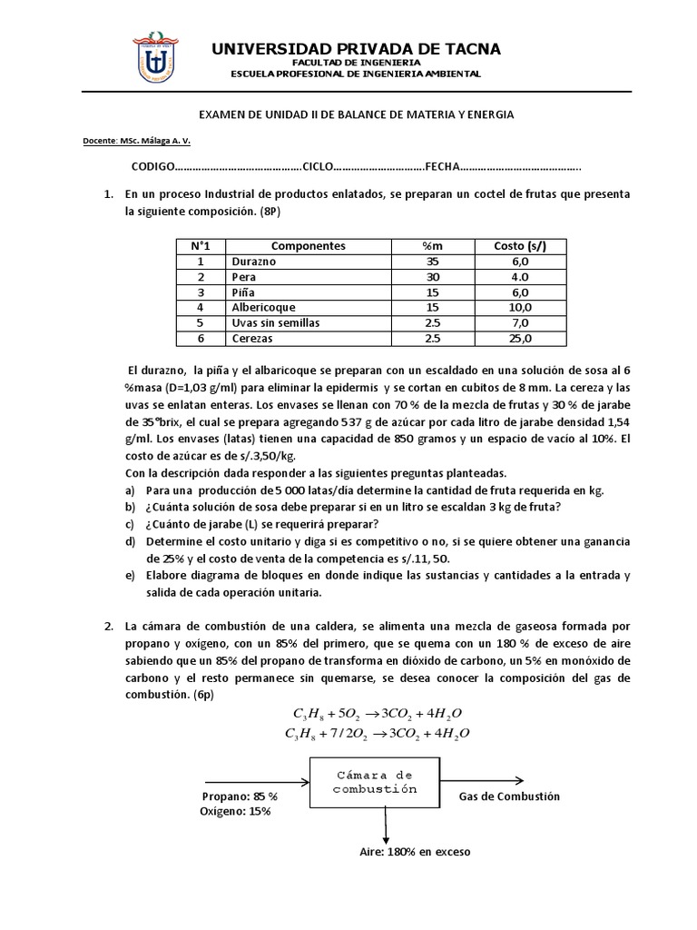 Examen BME U II 2020 I | PDF | Ácido sulfúrico | Combustión