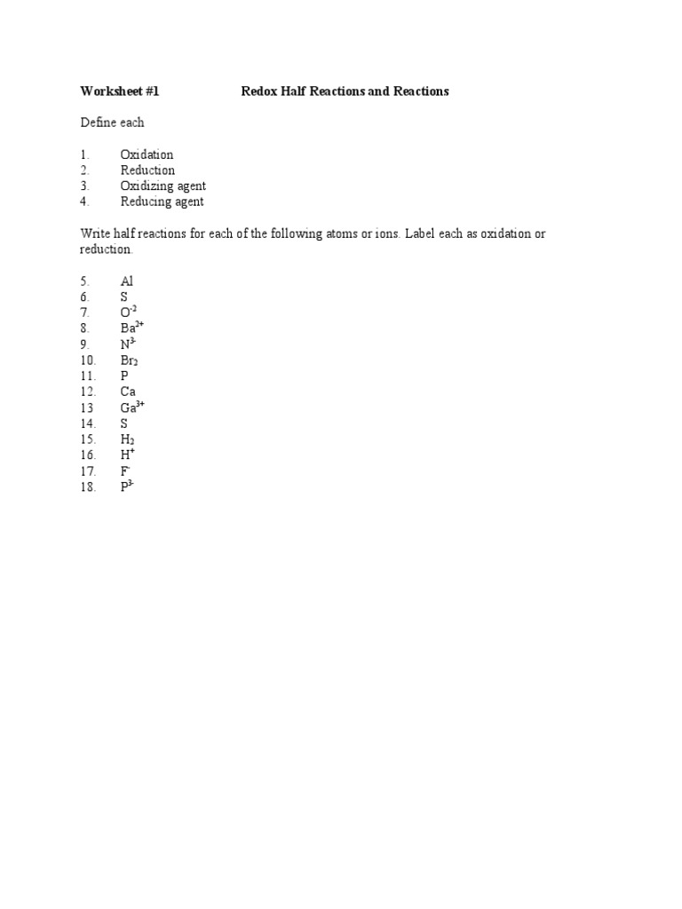 Redox Reactions Worksheet 1 With Answer Key | PDF | Redox | Chemical ...