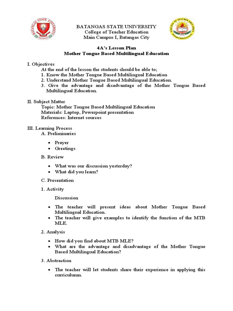 4as Lesson Plan Mother Tongue Based | PDF