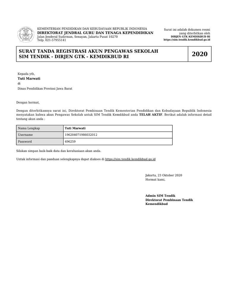 Surat Tanda Registrasi Akun Pengawas Sekolah Sim Tendik - Dirjen GTK ...