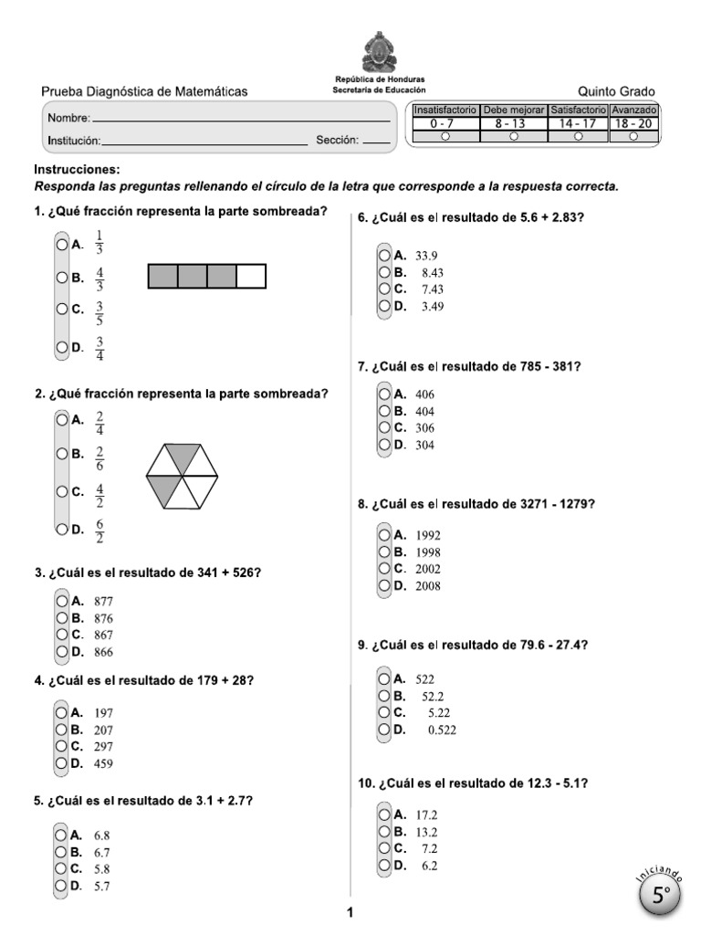 Prueba-Diagn Matematicas Quinto Grado | PDF