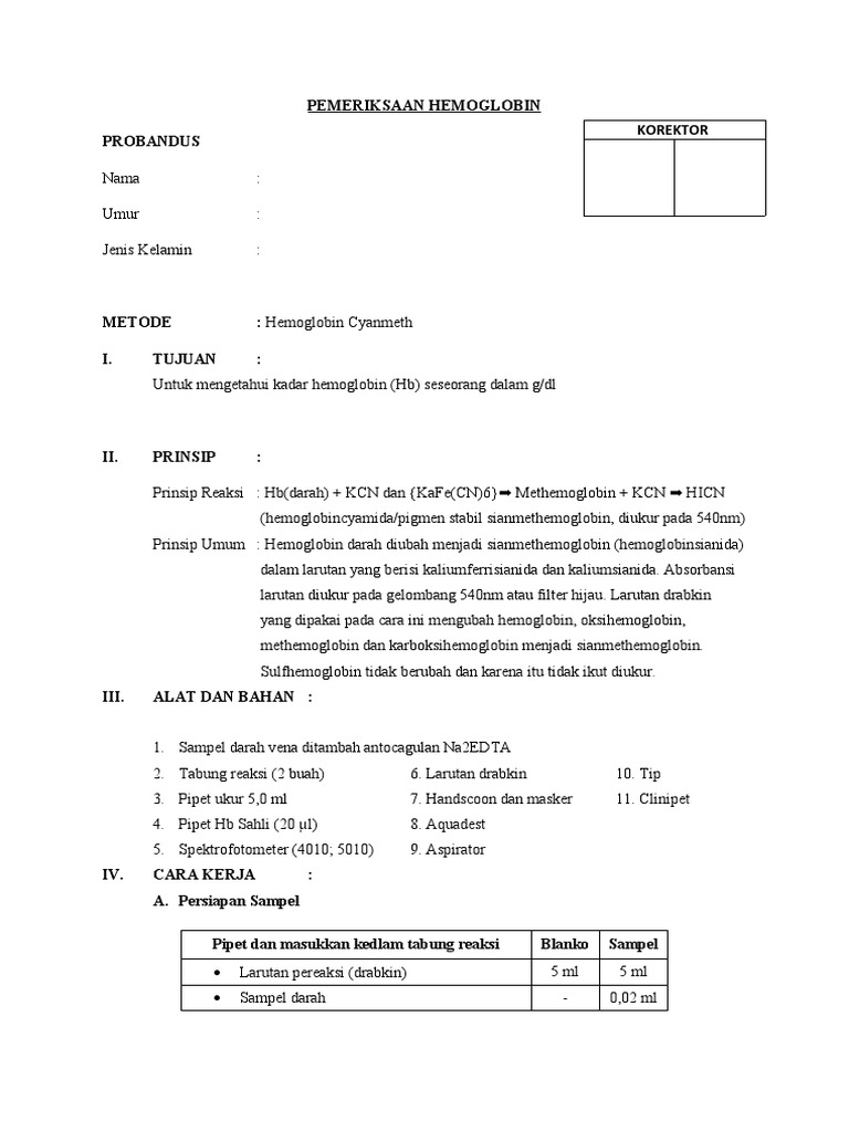 Laporan Praktikum Hemoglobin Cyanmethemoglobin | PDF