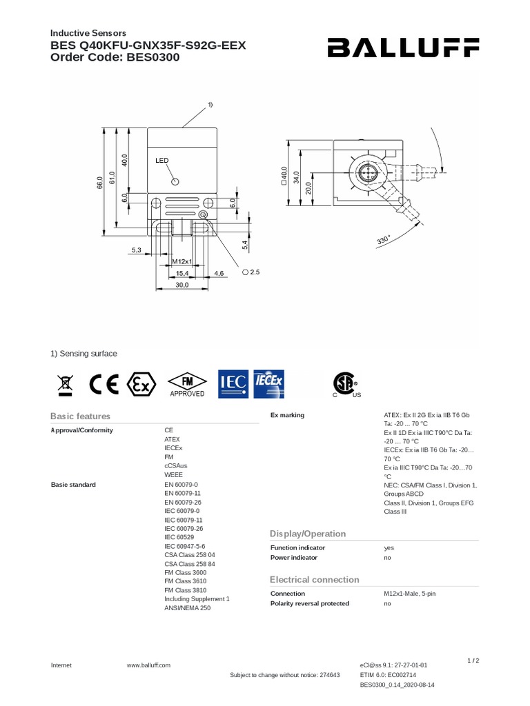 BES Q40KFU-GNX35F-S92G-EEX Order Code: BES0300: Inductive Sensors | PDF ...