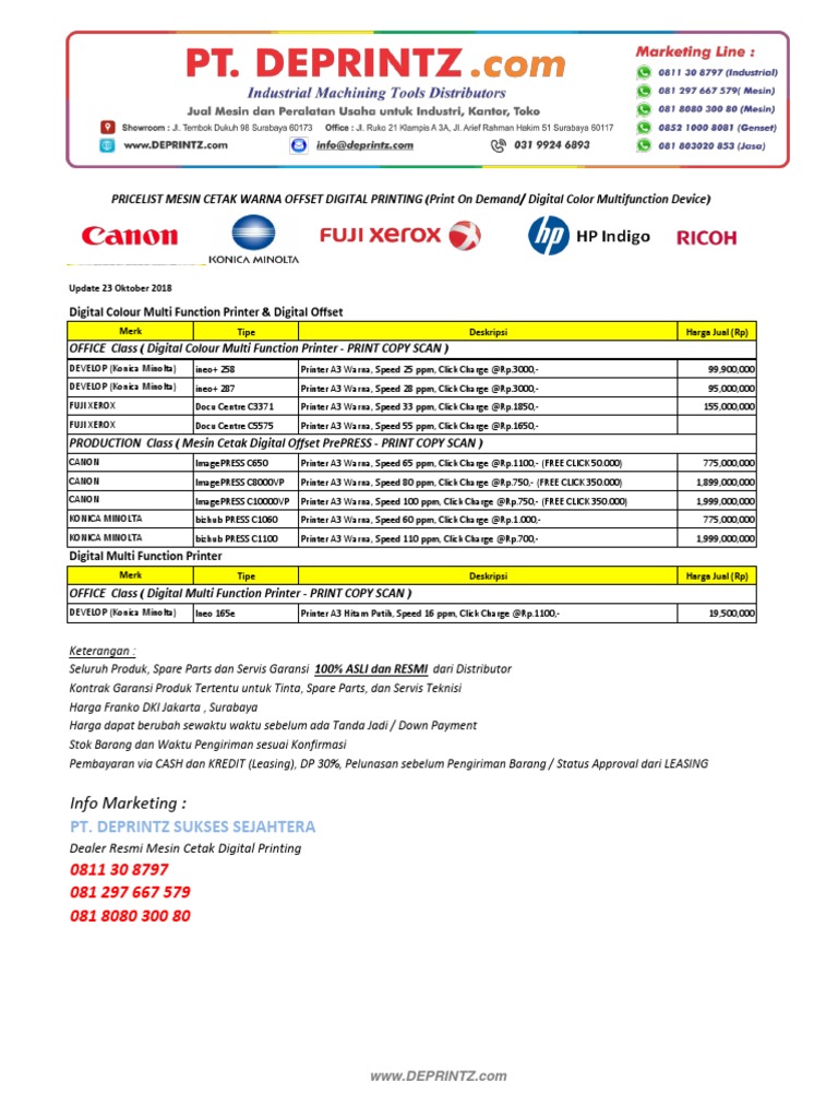 Daftar Harga PRINTER LASER WARNA MESIN CETAK DIGITAL OOFSET PREPRESS 231018 | Download Free PDF ...