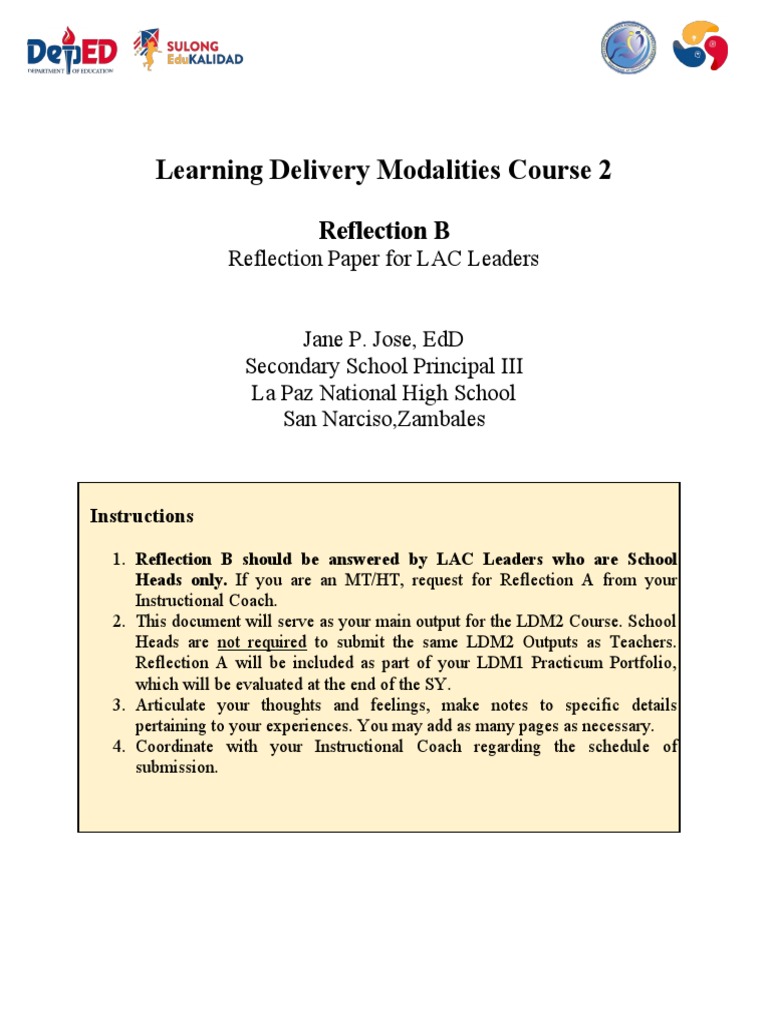 Learning Delivery Modalities Course 2: Reflection B | PDF | Teachers ...