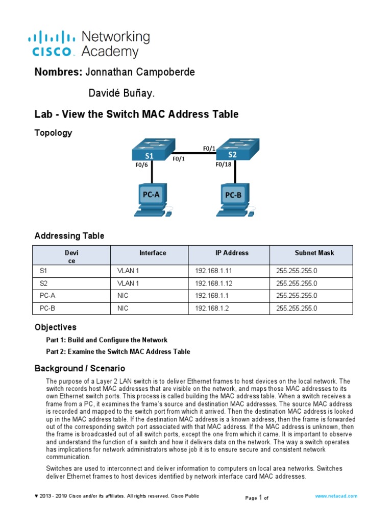 7.3.7 Lab - View The Switch MAC Address Table | PDF | Network Switch | Computer Network