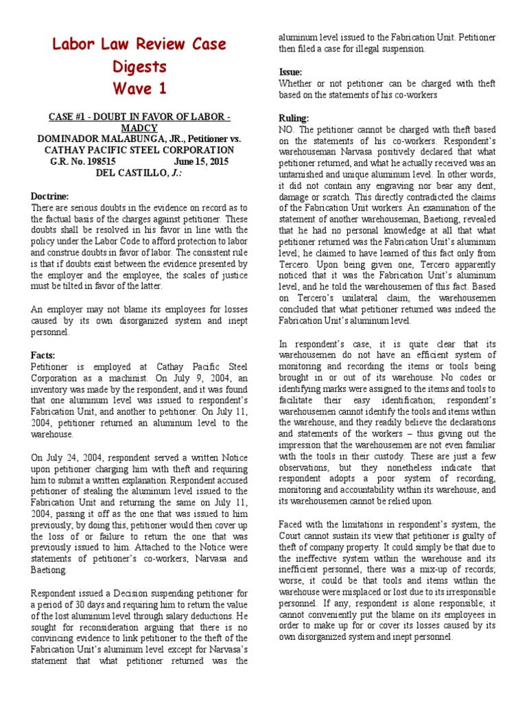 Labor Law Review Case Digests Wave 1 Issue Pdf Public Policy
