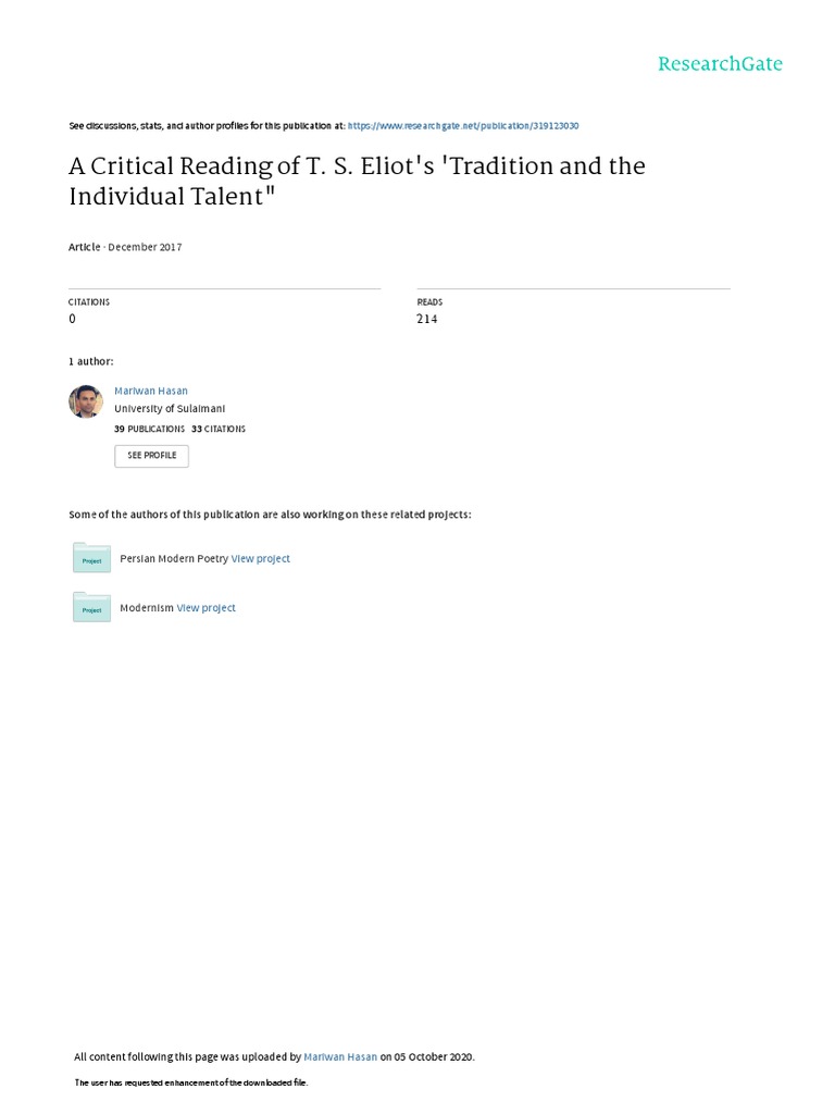 Eliot's 'Tradition and the Individual Talent' Explained | PDF | T. S ...