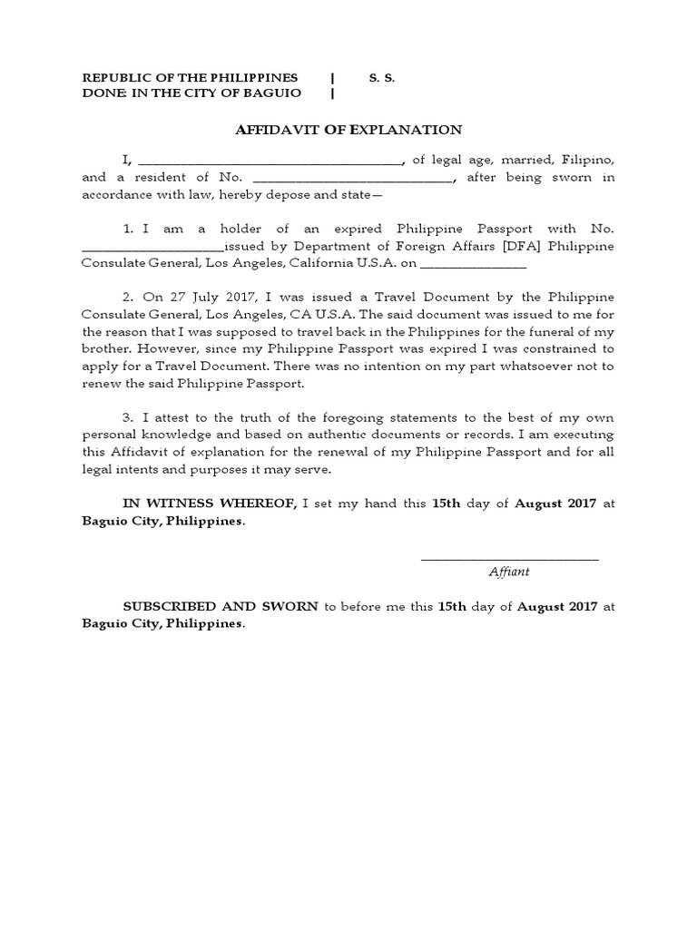 Affidavit of Explanation - Travel Documents | PDF