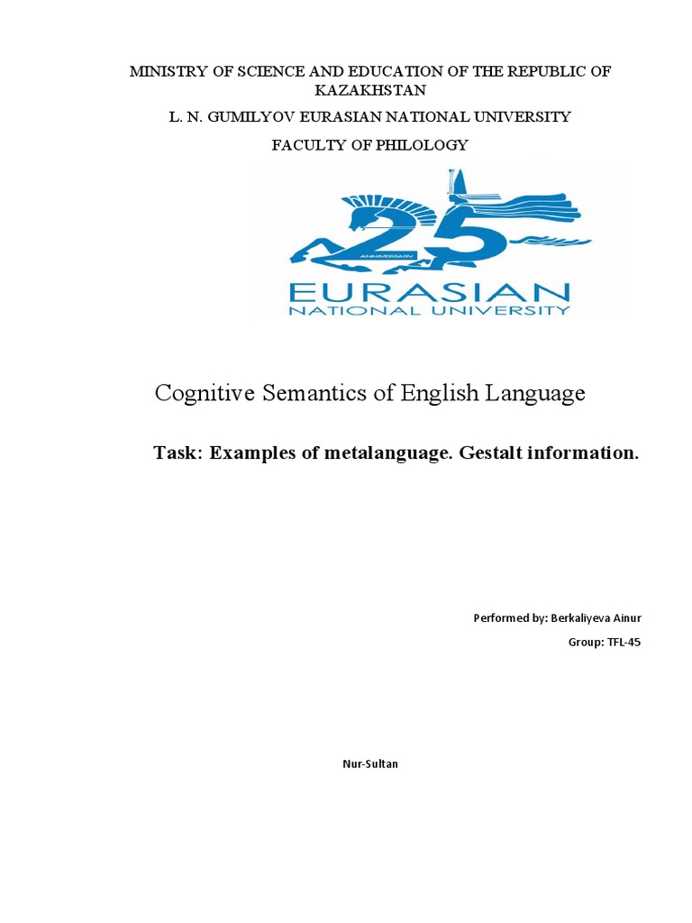 Cognitive Semantics of English Language: Task: Examples of Metalanguage ...