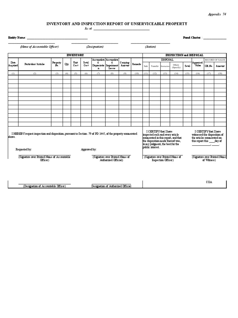 Inventory and Inspection Report of Unserviceable Property | PDF | Real ...