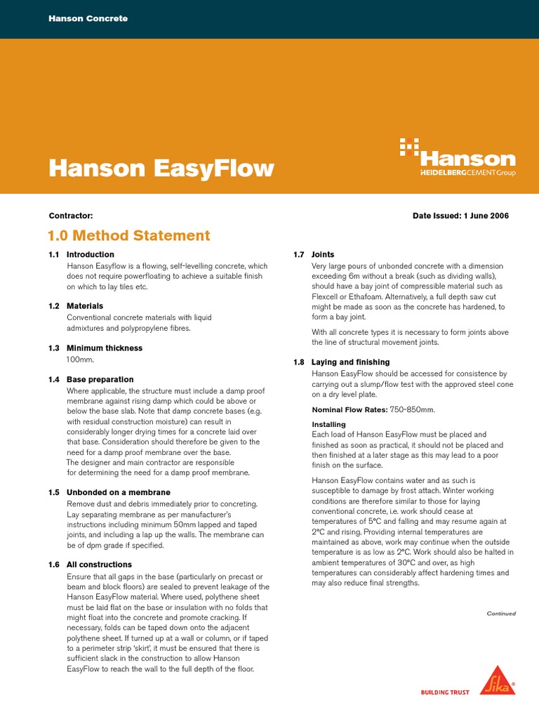 Hanson Easyflow Method Statement | PDF | Concrete | Structural Engineering