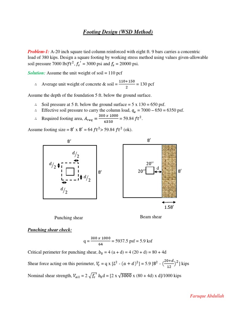 Footing Design (WSD Method) | PDF | Pressure | Shear Stress