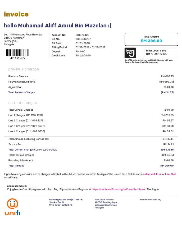 Unifi - Invoice Bulan 2020 | PDF | Payments | Services (Economics)