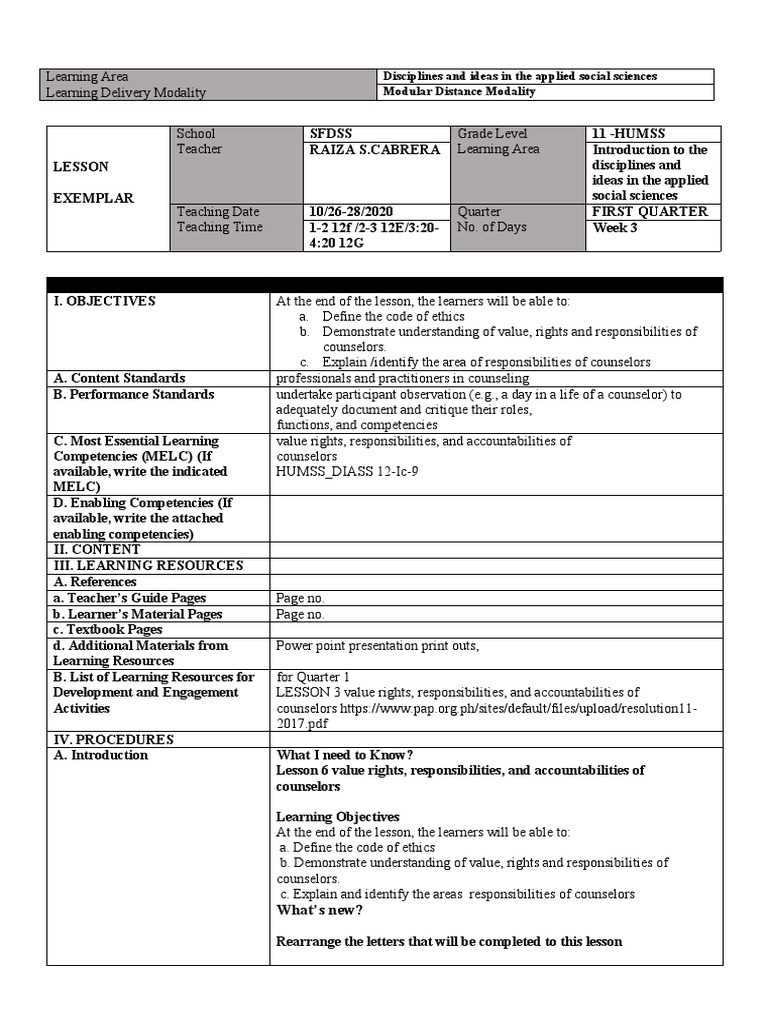 Lesson-Exemplar-in-shs Lesson 6 Values Responsibilities of Counselors ...