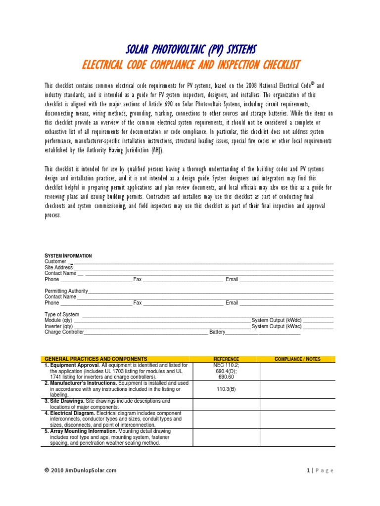 Electrical Code Compliance and Inspection Checklist: Solar Photovoltaic ...