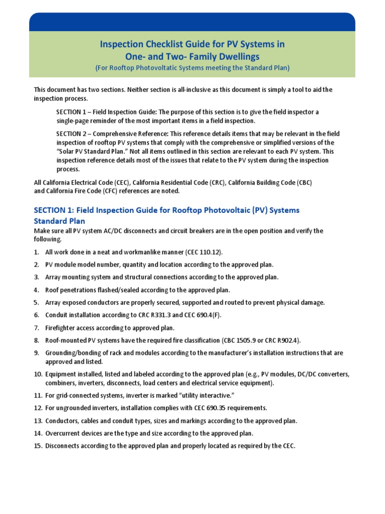Inspection Checklist Guide For PV Systems in One-And Two - Family ...