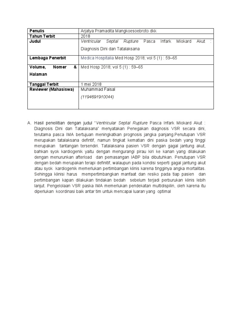 Hasil Peneilitian Dengan Judul Ventricular Septal Rupture Pasca Infark ...