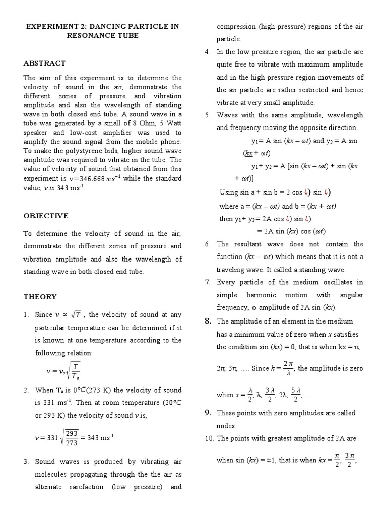 Experiment 2: Dancing Particle in Resonance Tube | PDF | Waves | Sound