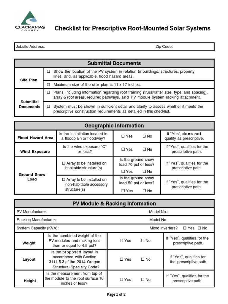 Checklist For Prescriptive Roof-Mounted Solar Systems: Submittal ...